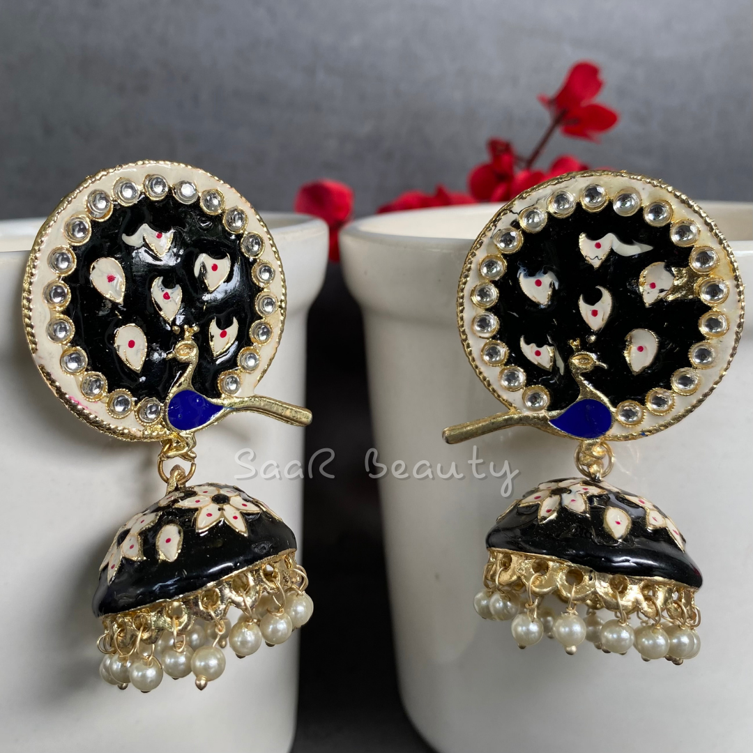 MEENAKARI DEVKI LARGE JHUMKA EARRINGS - BLACK – SAAR BEAUTY